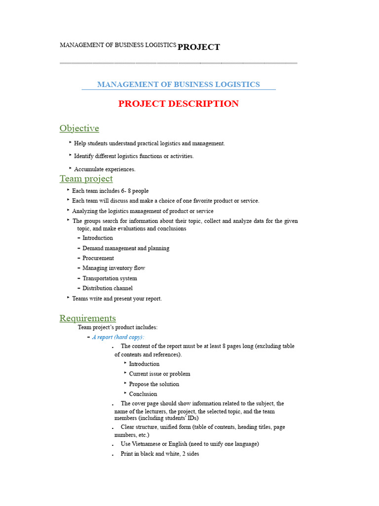 Project Description MBL | PDF | Logistics