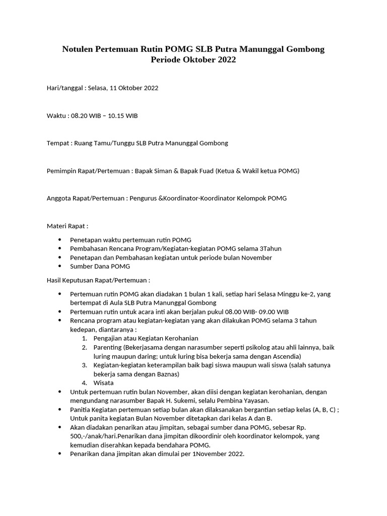 Notulen Pertemuan POMG Oktober 2022 | PDF