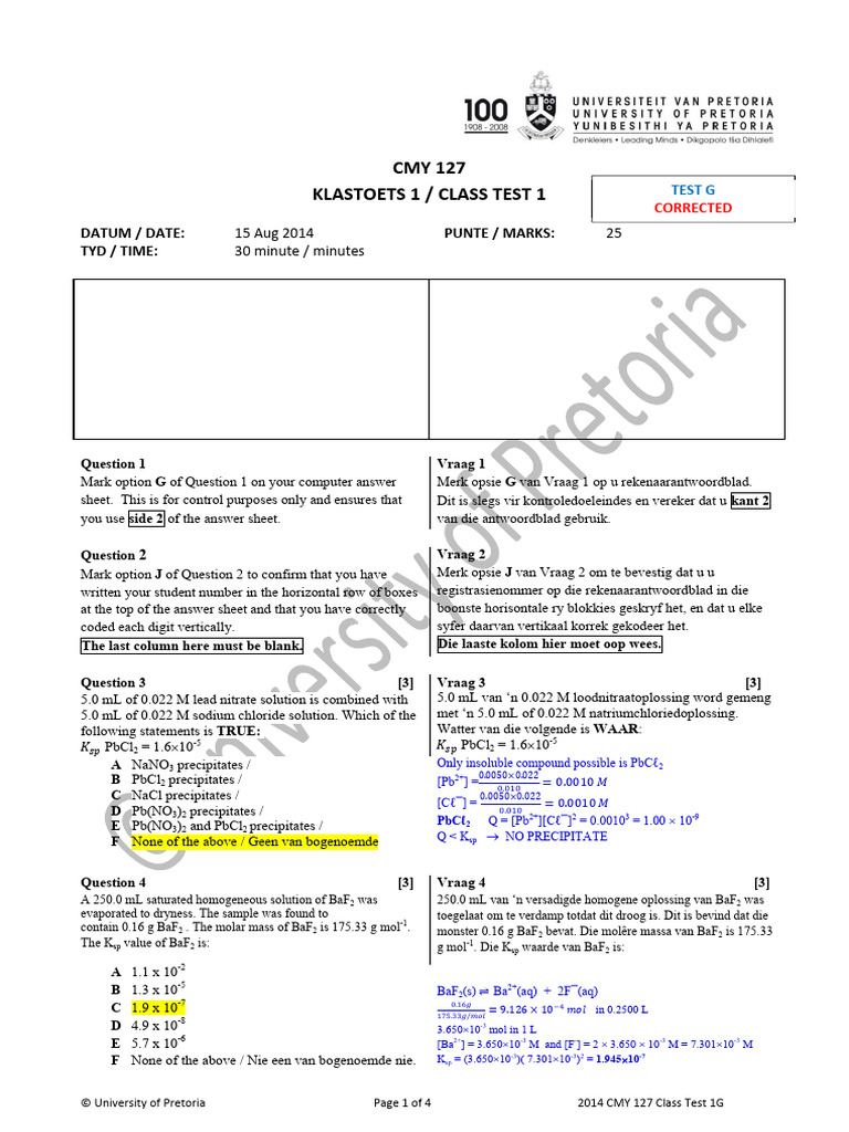2014 Cmy 127 Class Test 1 Memo | PDF | Physical Chemistry | Chemistry