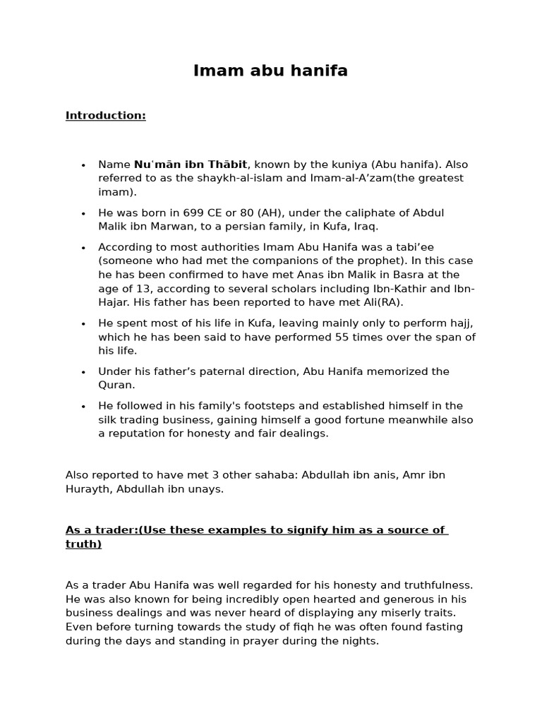 Imam Abu Hanifa (IST Final) | PDF | Hadith | Sharia