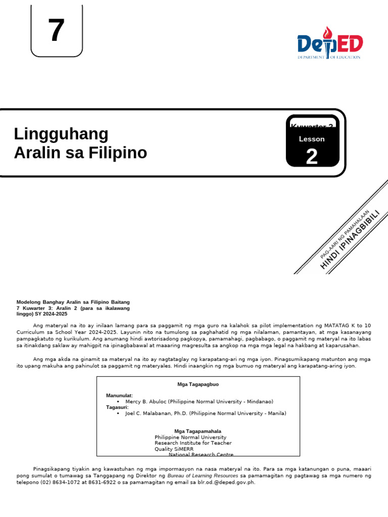 LE - Q3 - Filipino-7 - Lesson-2 - Week 2 | PDF