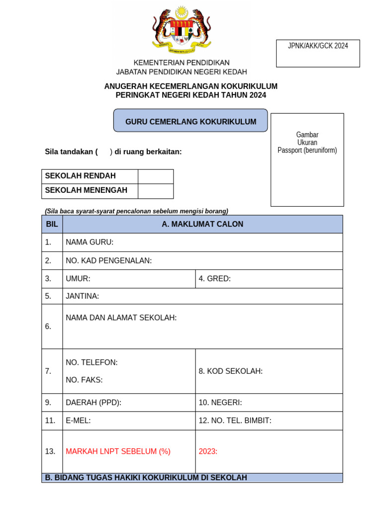 BORANG GURU CEMERLANG KOKURIKULUM 2024 | PDF