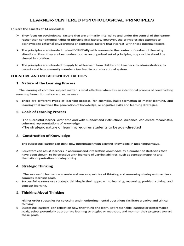 LEARNER-CENTERED PSYCHOLOGICAL PRINCIPLES | PDF | Learning | Motivational