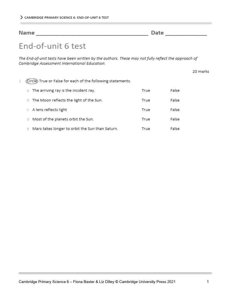 End-of-Unit 6 Science Test for Grade 6 | PDF | Moon | Mirror