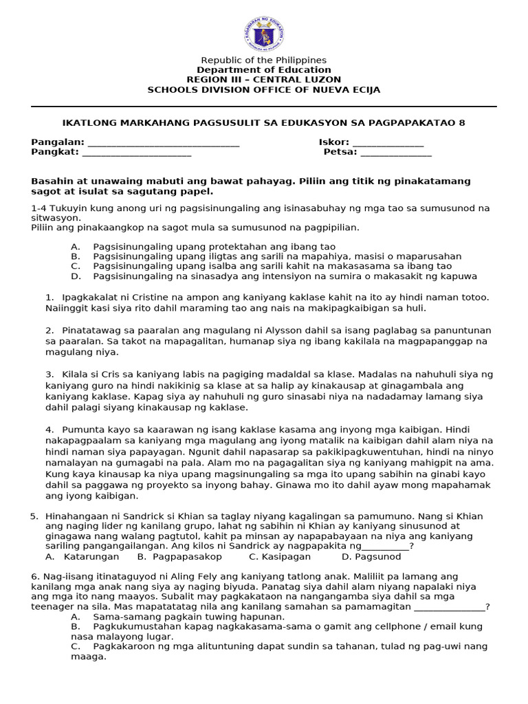 ESP 8-3RD Quarter Exam 2024-2025 | PDF
