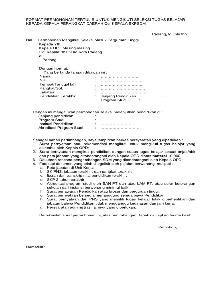 Format Lampiran Berkas Persyaratan Seleksi Tubel Dan SK Tubel | PDF