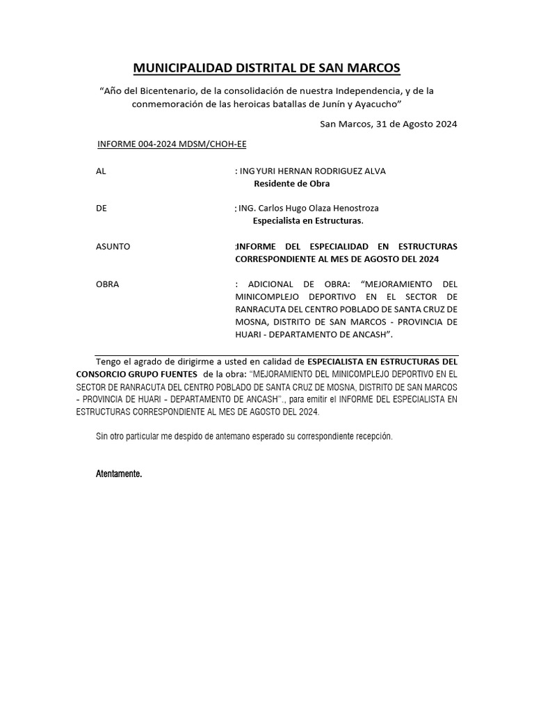 Informe Estructural Agosto 2024 | PDF | Hormigón | Concreto reforzado