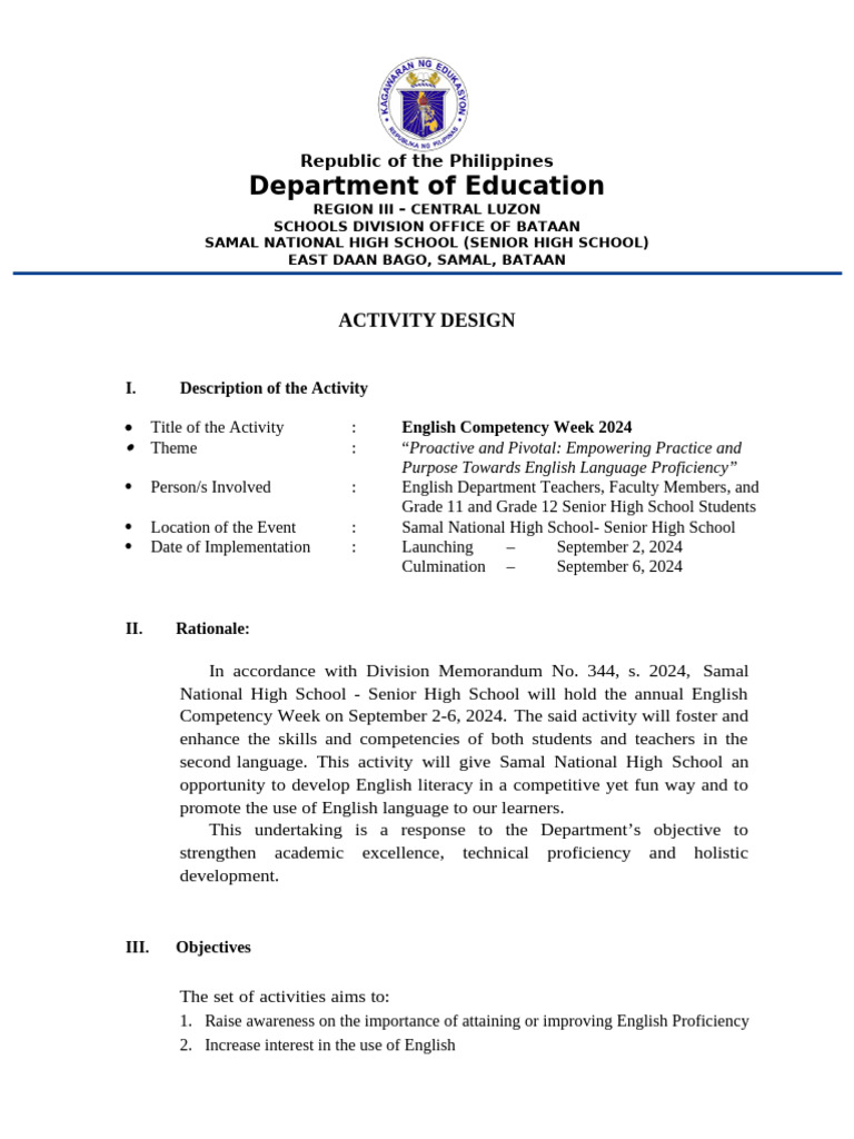 Activity Design English Competency Week 2024 | PDF | Linguistics ...