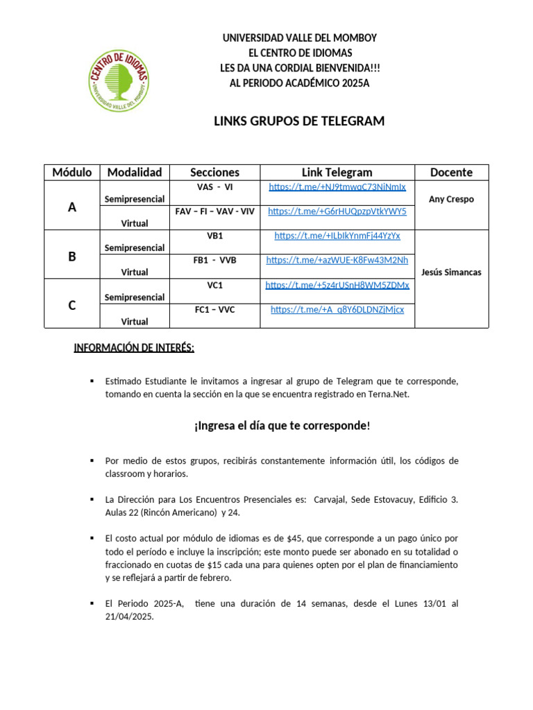 Período 2025a Links Grupos de Telegram e Información Útil 2 | PDF