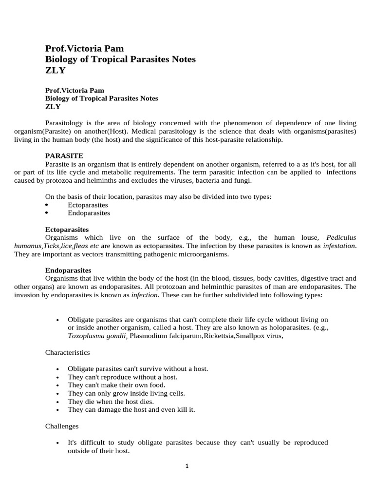 Tropical Parasite Biology Guide | PDF | Parasitism | Parasitology
