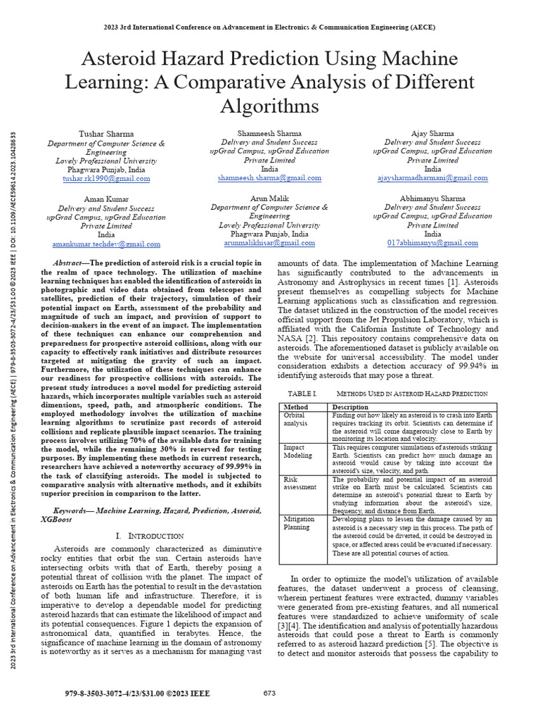Asteroid Hazard Prediction Using Machine Learning A Comparative Analysis of Different Algorithms ...