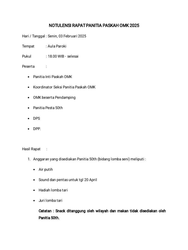 NOTULENSI RAPAT PANITIA PASKAH OMK (03 FEB) | PDF
