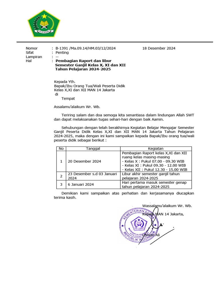 Edaran Pengambilan Raport Dan Libur Semester Ganjil 2024-2025 | PDF