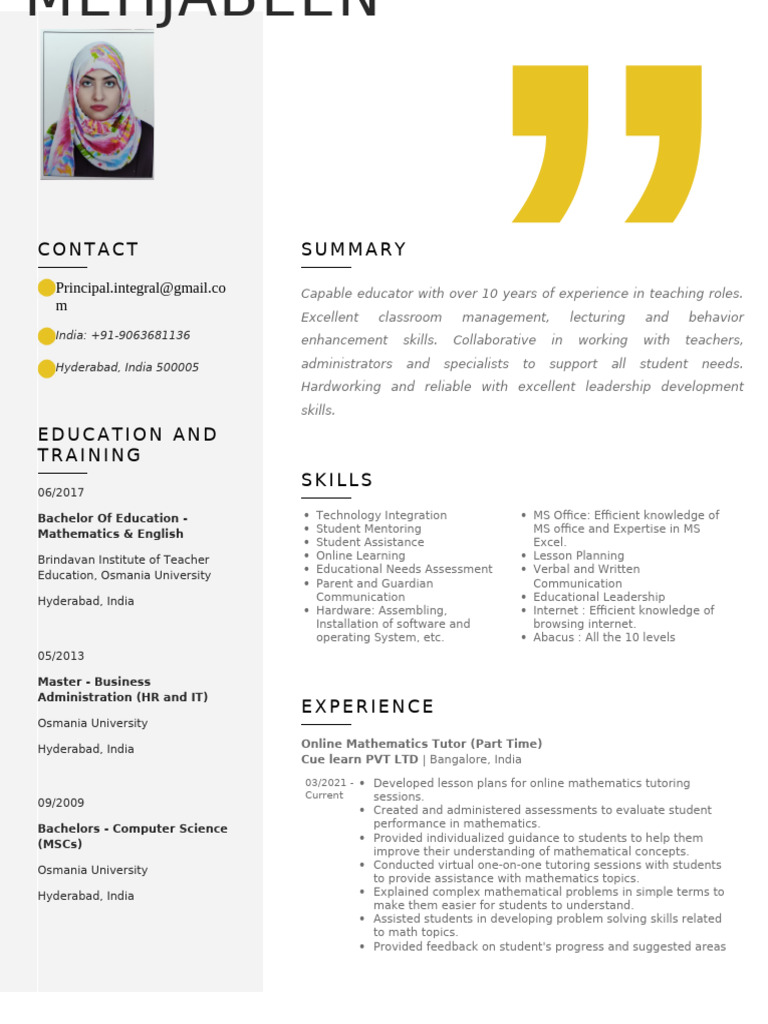 Mehjabeen CV | PDF | Educational Assessment | Teachers