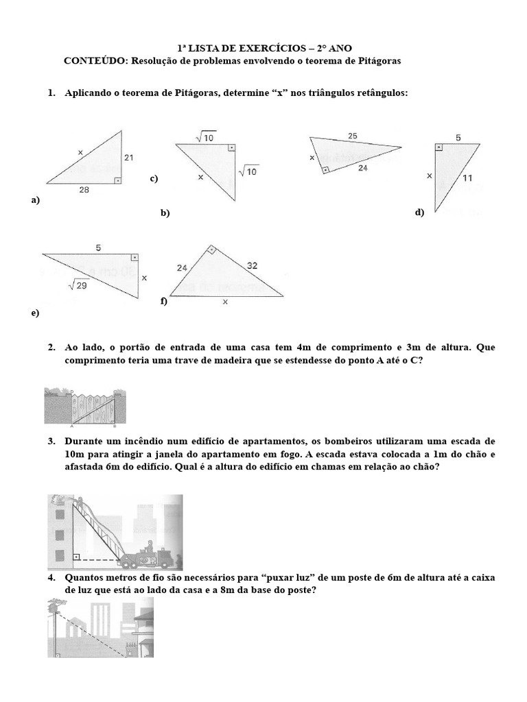 1ª LISTA DE EXERCÍCIOS - 2A - TEOREMA DE PITÁGORAS | PDF