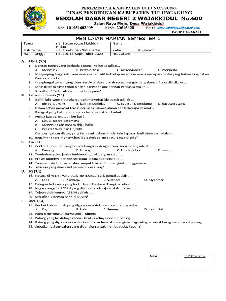 Penilaian Harian Tema 1 ST 1 | PDF