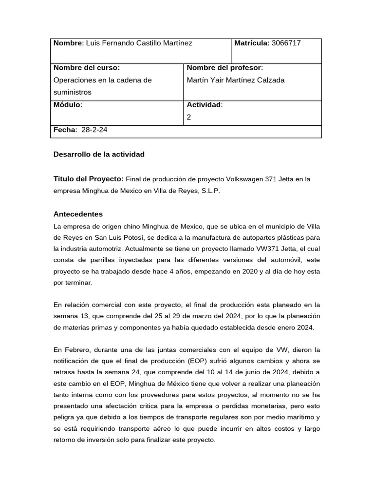 Proyecto VW371 Jetta en Minghua México | PDF | Logística | México