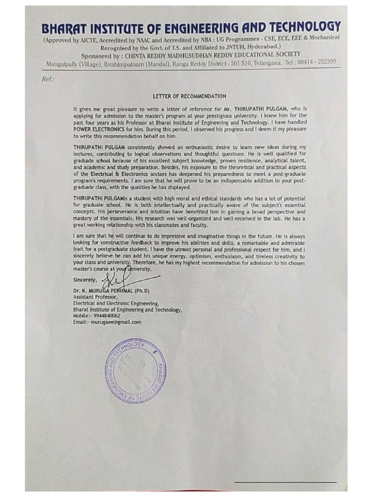 Letter of Recommendations - Thirupathi Pulgam | PDF