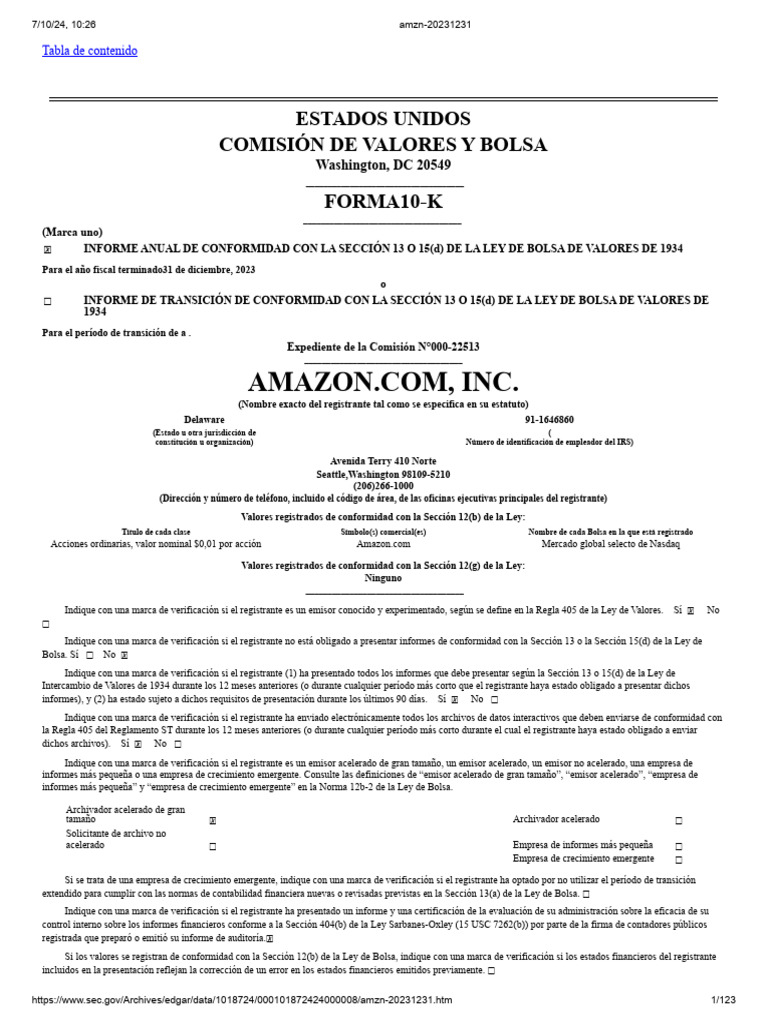 Informe Anual 10-K de Amazon 2023 | PDF | Bolsa | Estado financiero