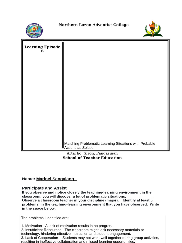 Fs 2 Episode-6-Activity-Matching-Problematic-Learning-Situations-with-Probable-Actions-as ...