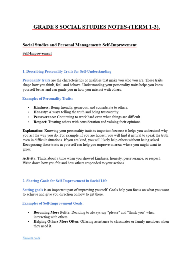 Grade 8 Social Studies Notes | PDF | Self Esteem | Human