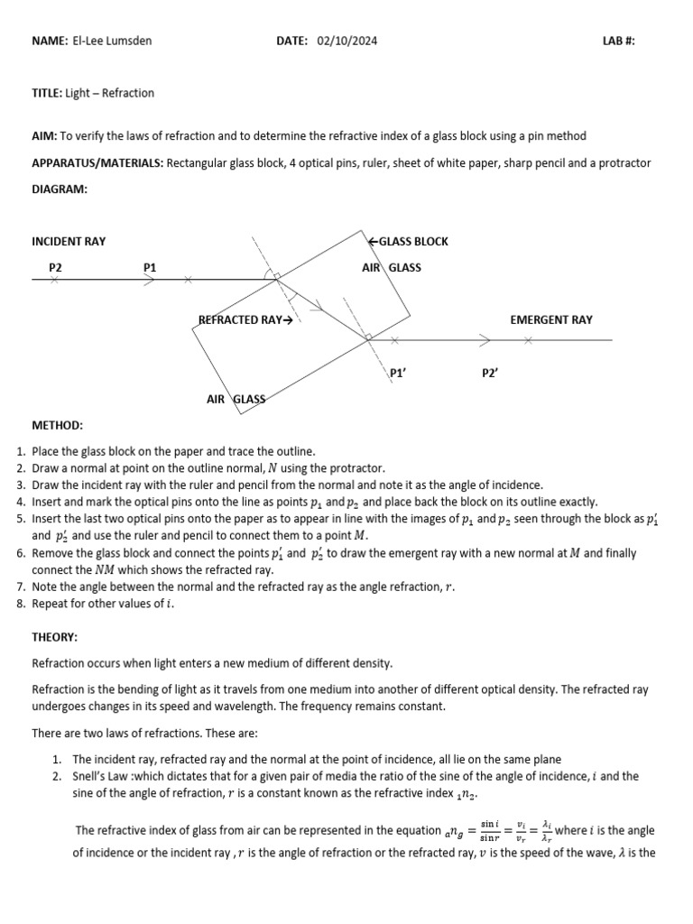 Refraction p1 Lab Ellee1 (4) | PDF | Refraction | Refractive Index