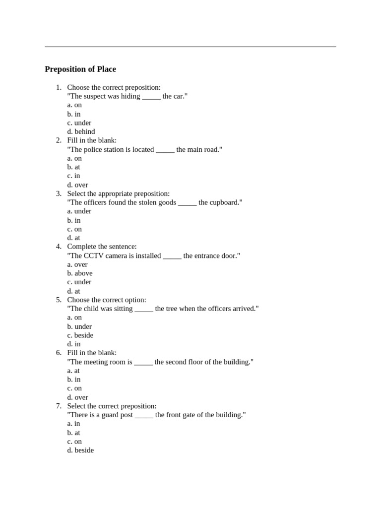 Prepositions of Place Practice Quiz | PDF