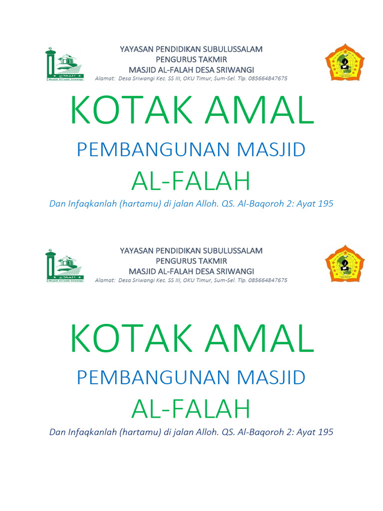 Stiker Kotak Amal Masjid Al-Falah | PDF