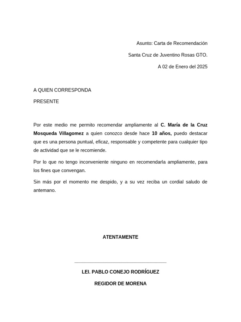 Carta de Recomendación para María Mosqueda | PDF