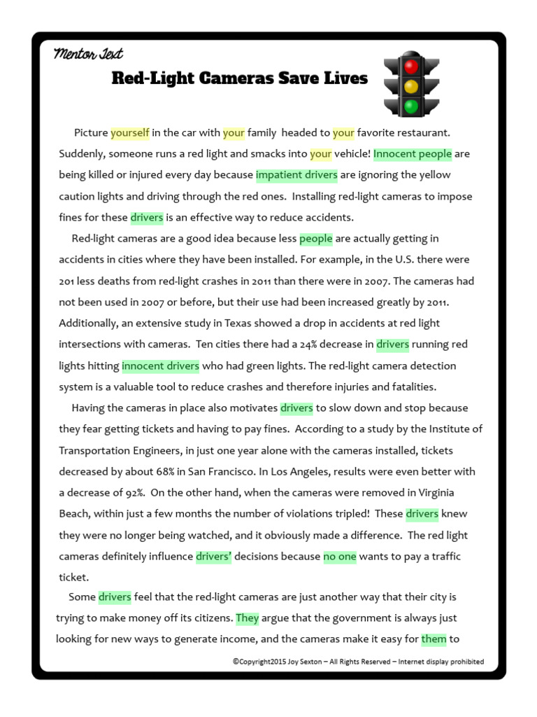 Argumentative Essay Mentor Text | PDF | Traffic Light | Transport ...