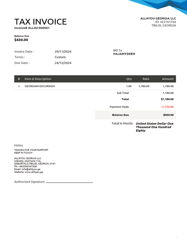 Invoice for Georgian Excursion | PDF