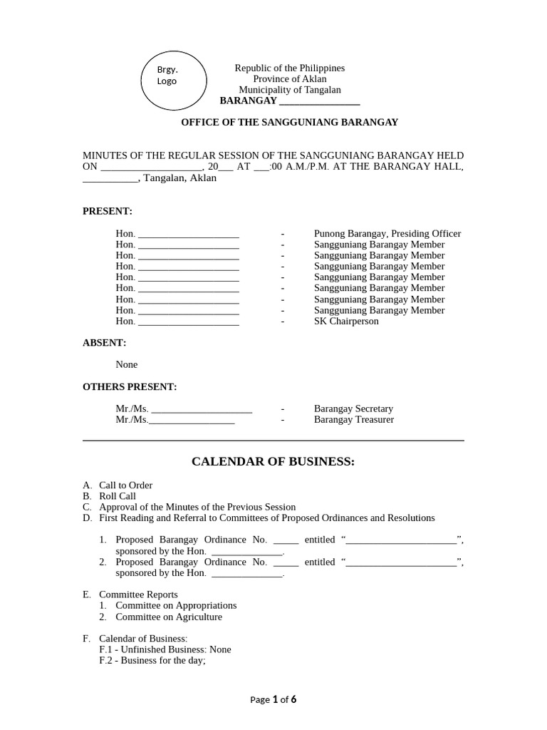 Sample Barangay Session Minutes | PDF | Government | Justice