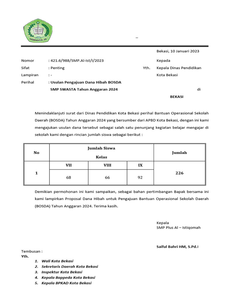 PROPOSAL Pengajuan Dana HIbah BOSDA 2024 SMP PLUS AL ISTIQOMAH ...