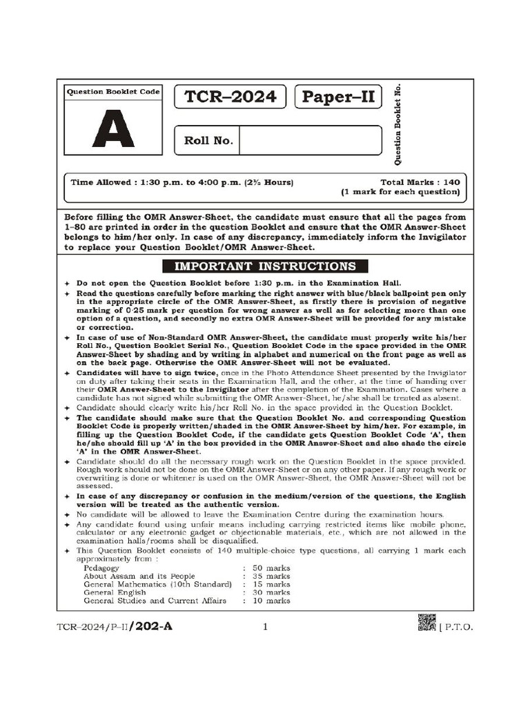 Paper II Question Booklet Pii tcr2024 Set-A | PDF