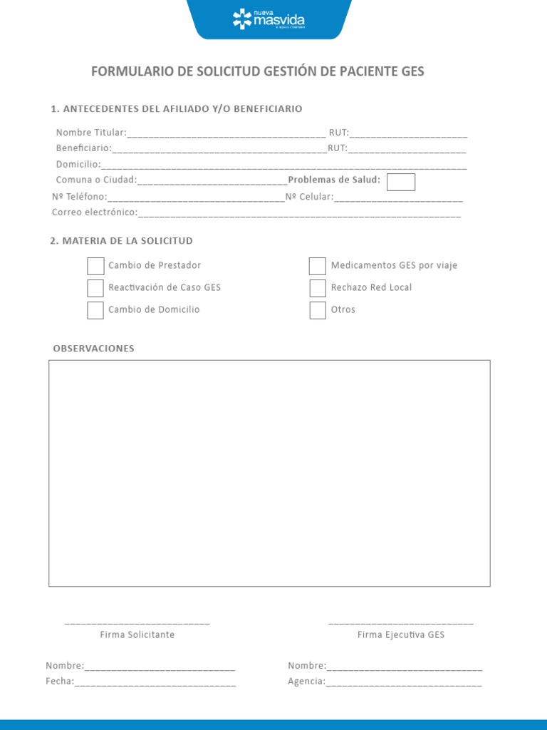 Formulario de Solicitud Gestioìn de Pacientes GES | PDF