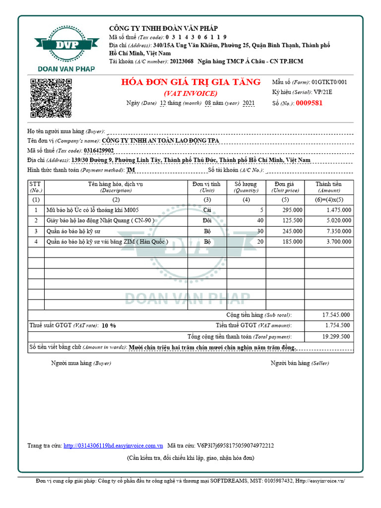 Hoadon 0314306119 0009581 20210917 | PDF