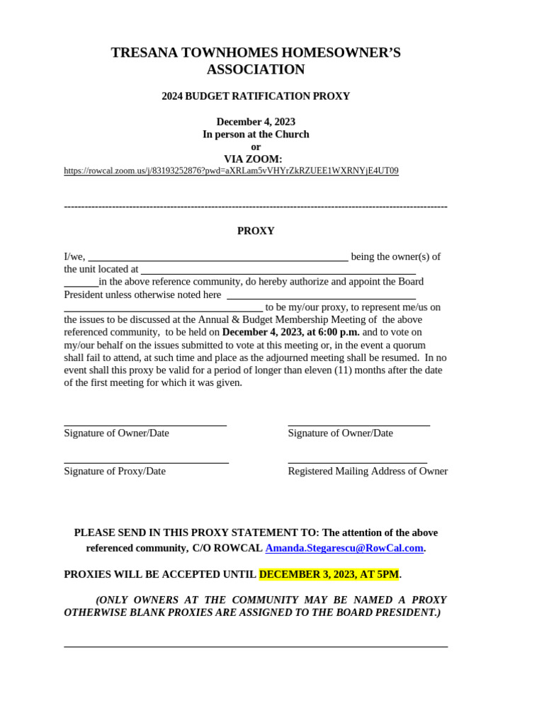 TRESANA HOA 2024 Budget Proxy Form | PDF