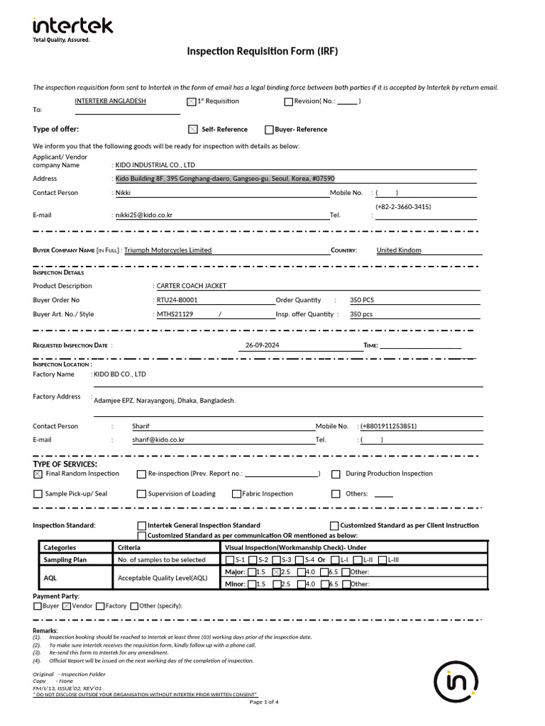 INSPECTION REQUISITION FORM (IRF)-INTERTEK (2) | PDF | Indemnity | Tort