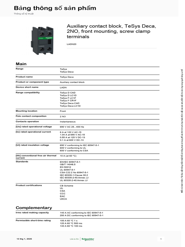 Schneider Electric - TeSys-Deca-contactors - LADN20 | PDF