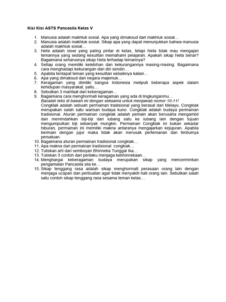 Kisi Kisi ASTS Pancasila Class v.pdf | PDF
