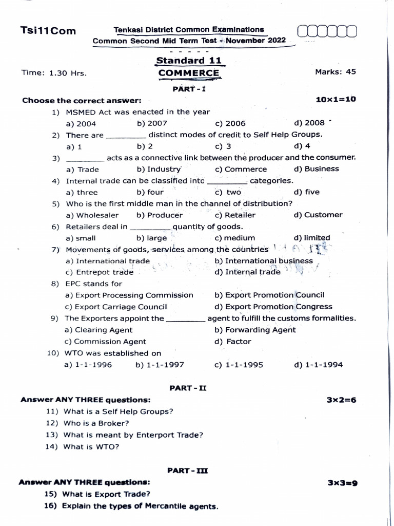 Commerce Exam for 11th Grade | PDF