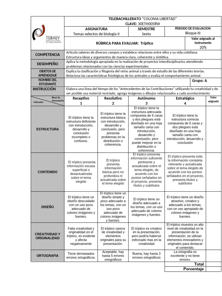 Rubrica Triptico Biologia - 115311 | PDF | Creatividad | Ciencia cognitiva