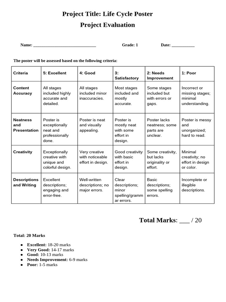 Rubric 1 - ENG Project - Grade 1 | PDF | Evaluation | Cognition