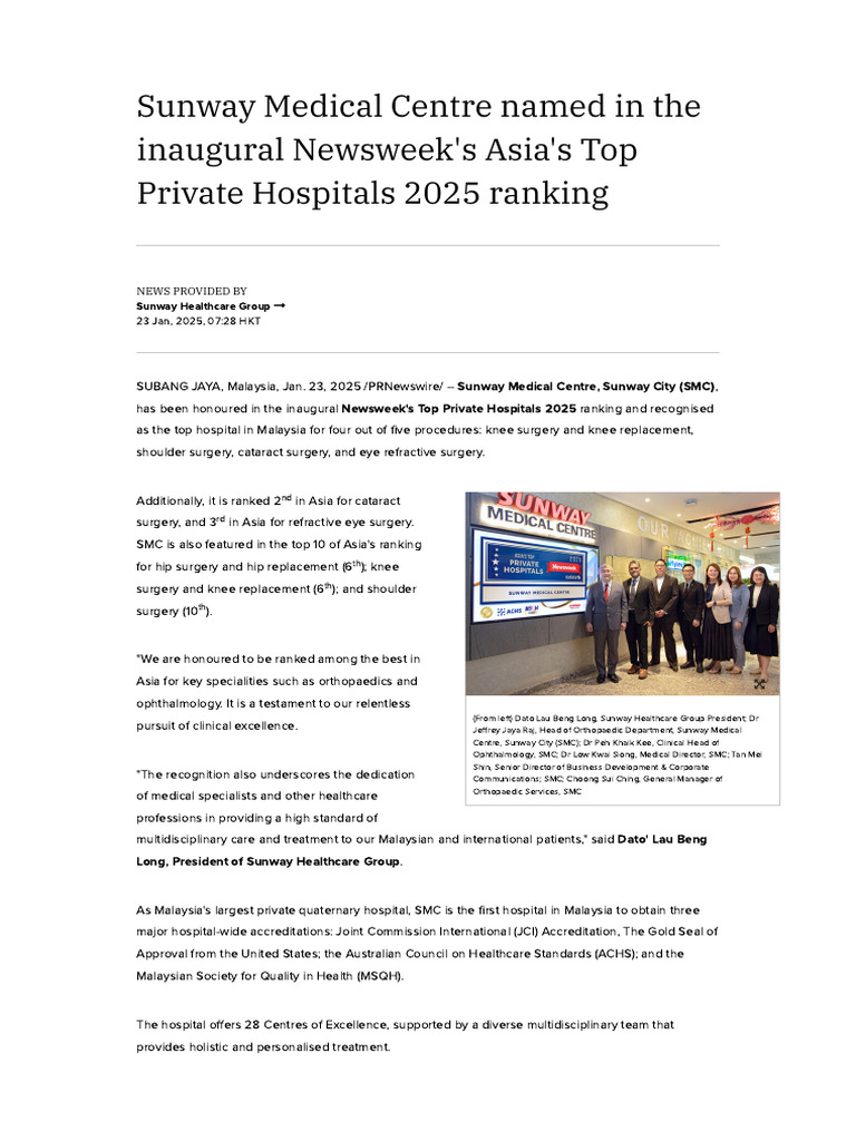 Sunway Medical Centre Named in The Inaugural Newsweek's Asia's Top ...