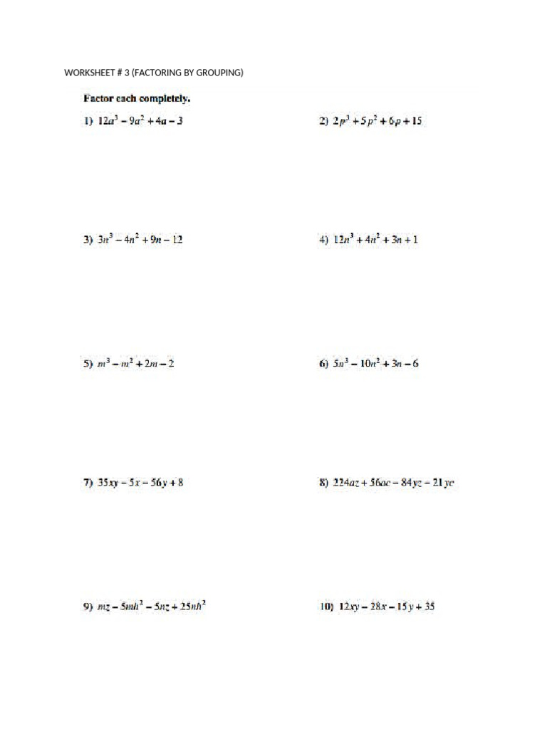 WORKSHEET#3 (Factoring by Grouping) | PDF