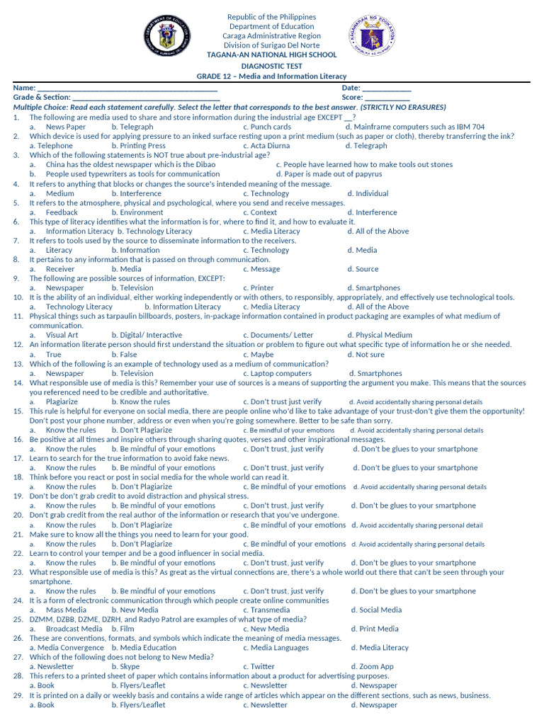 Mil Summative Test 50 Items Diagnostic - 2022-2023 - (Questionaire ...