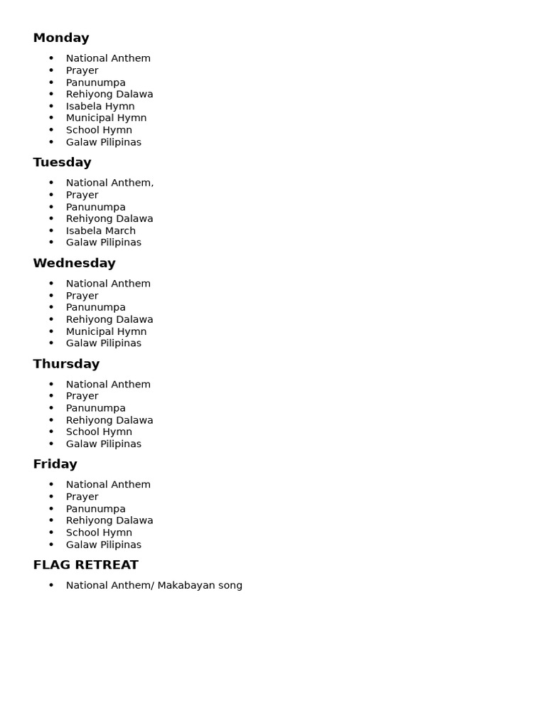 Weekly Flag Ceremony Schedule | PDF