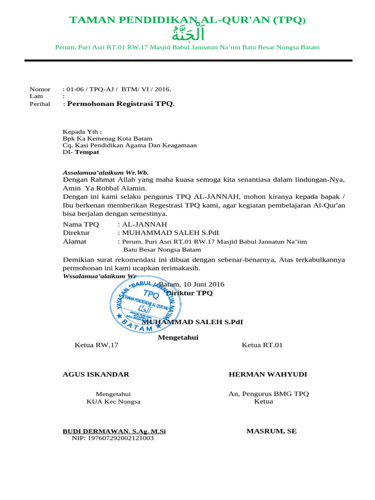 Contoh Pengajuan Regestrasi Tpq. Nongsa | PDF