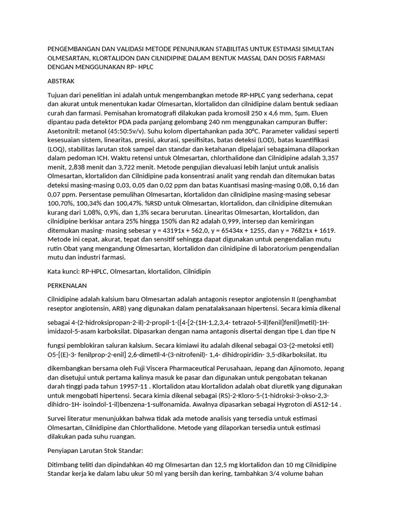 PENGEMBANGAN DAN VALIDASI METODE PENUNJUKAN STABILITAS UNTUK ESTIMASI SIMULTAN OLMESARTAN | PDF