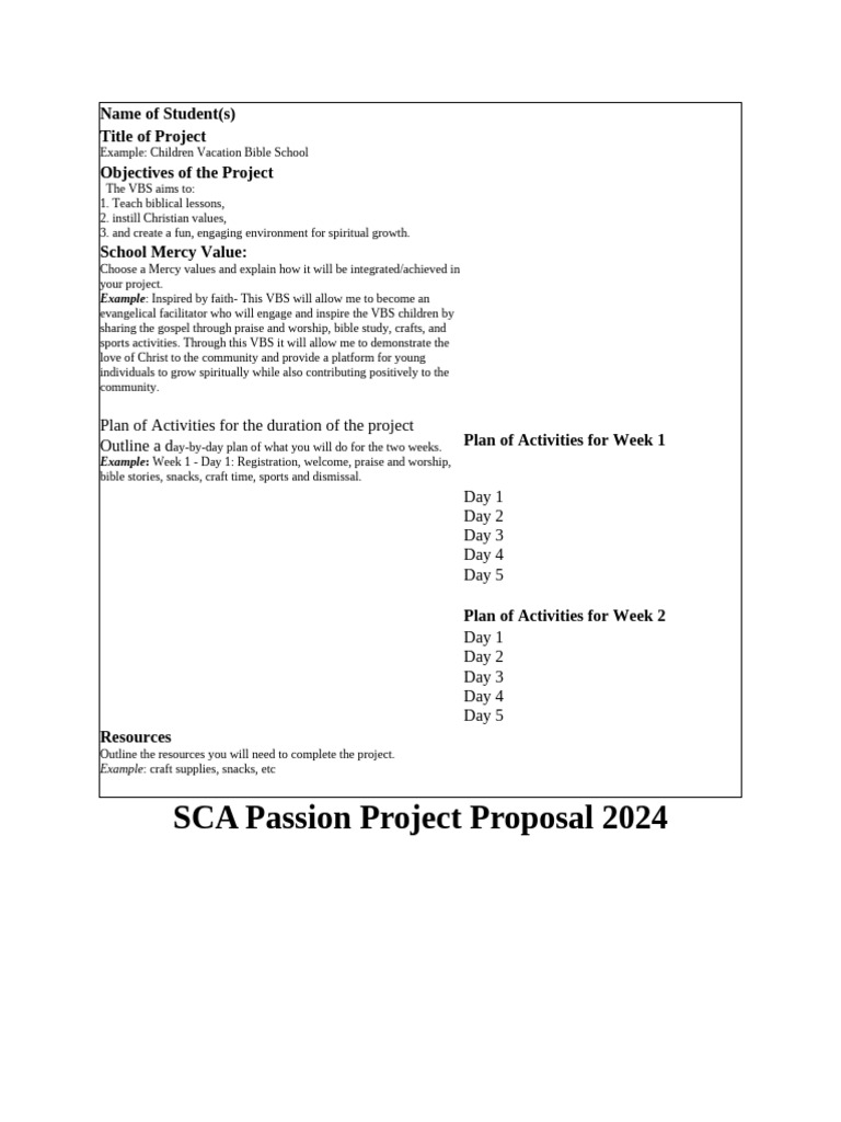 SCA Passion Project Proposal and Data Entry Sheet 2024 | PDF ...